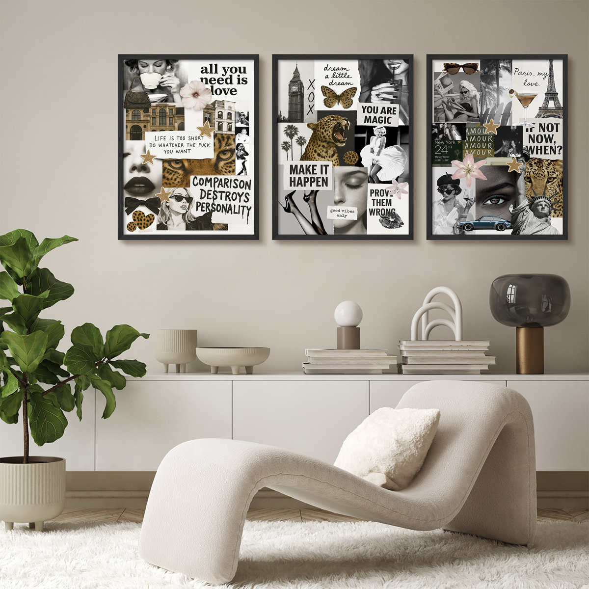 SIGNLEADER 3 Piece Framed Motivational Collage Wall Art Set - Feminine Prints for Office, Dorm ...